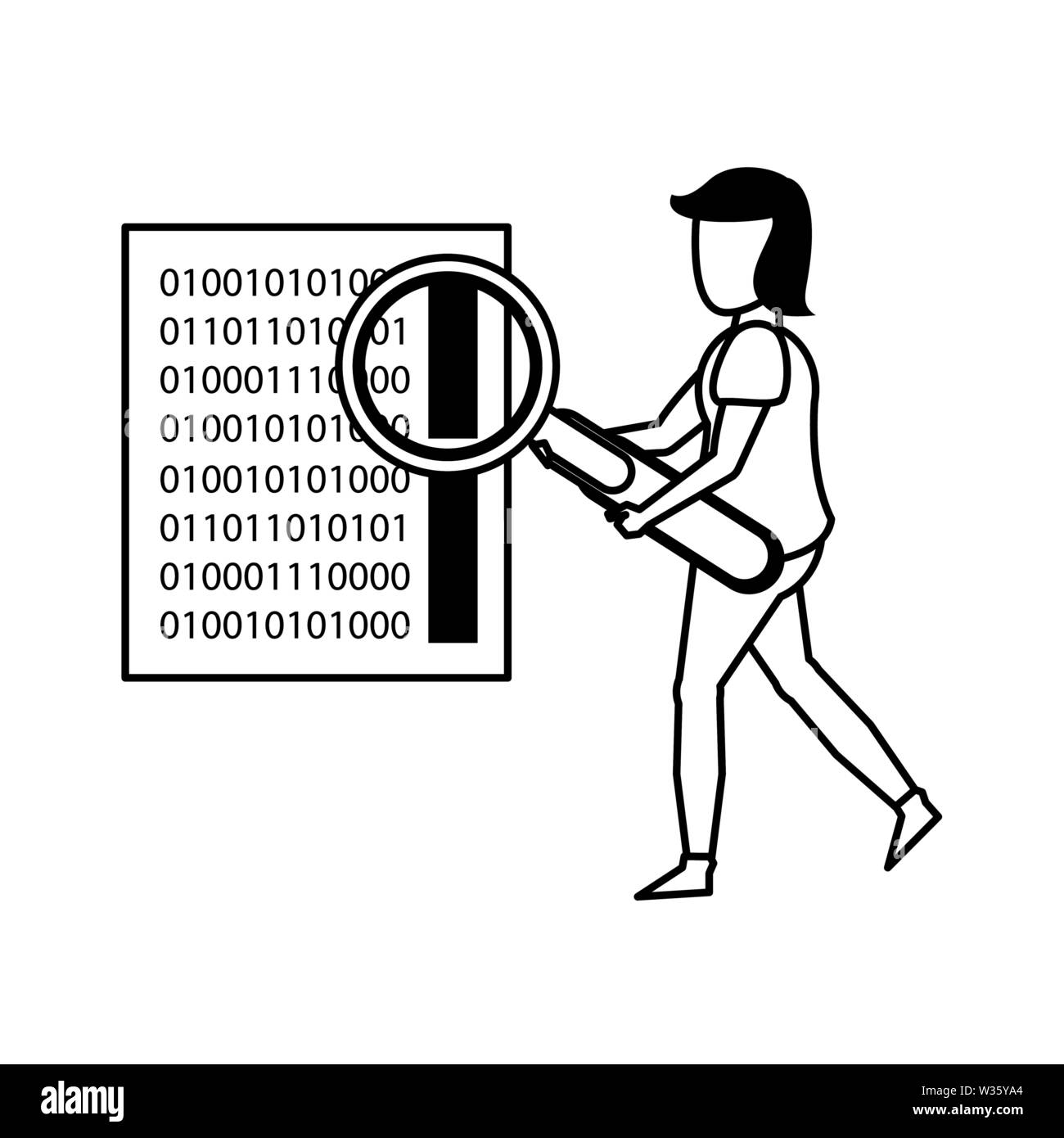 magnifying glass checking system cartoon in black and white Stock ...