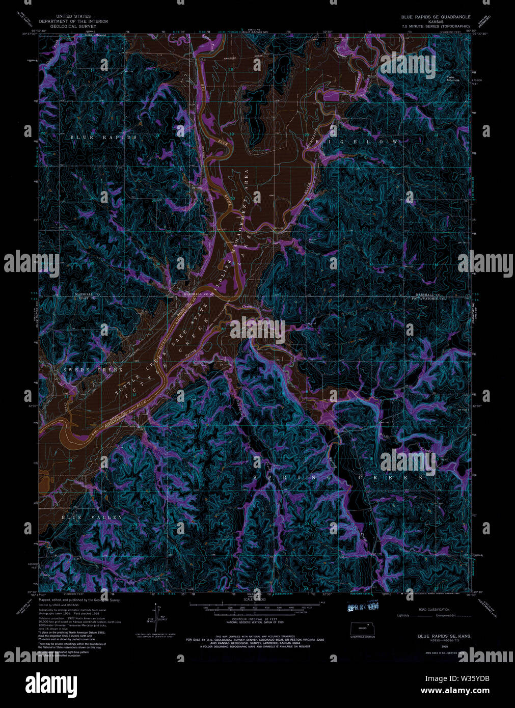 USGS TOPO Map Kansas KS Blue Rapids SE 801687 1968 24000 Inverted ...