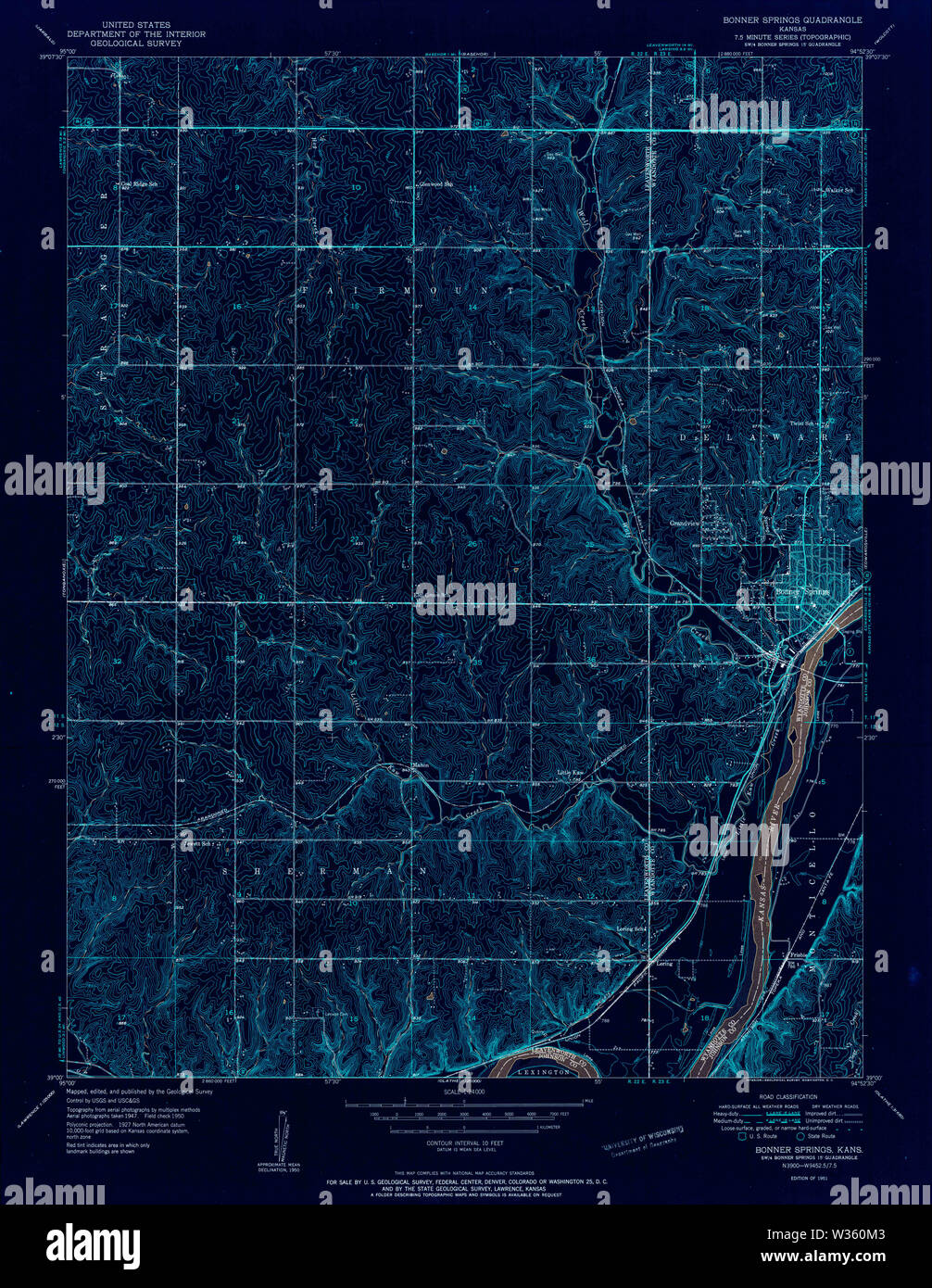 USGS TOPO Map Kansas KS Bonner Springs 510943 1951 24000 Inverted ...