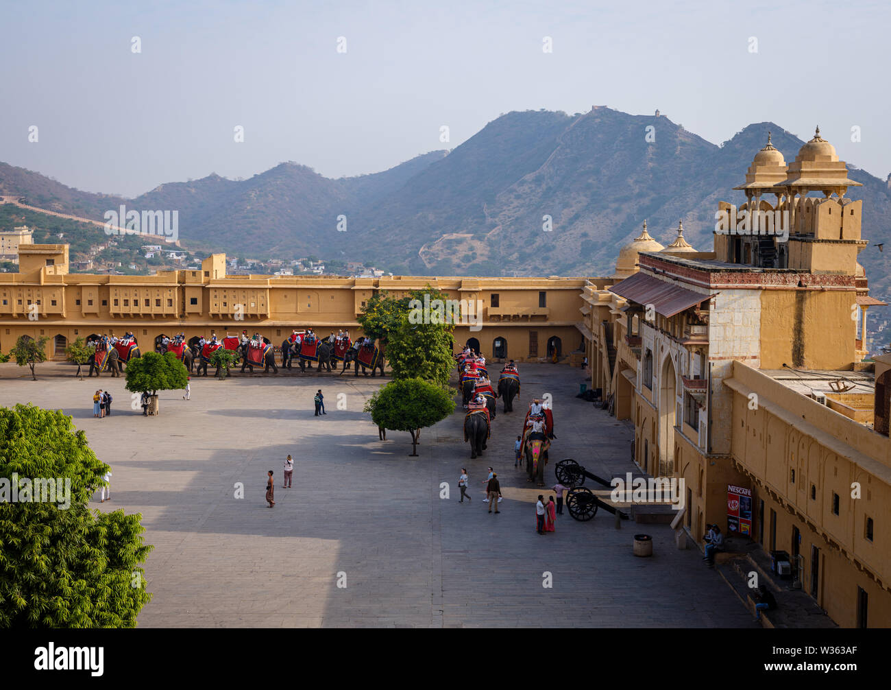 JAIPUR, INDIA - CIRCA NOVEMBER 2018: Elephants and tourists at the ...