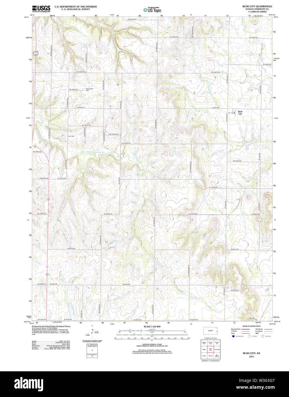 USGS TOPO Map Kansas KS Bush City 20120924 TM Restoration Stock Photo ...