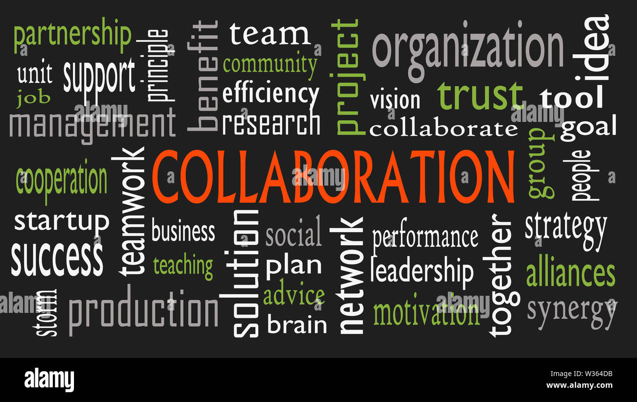 Collaboration concept in word cloud isolated on black background ...