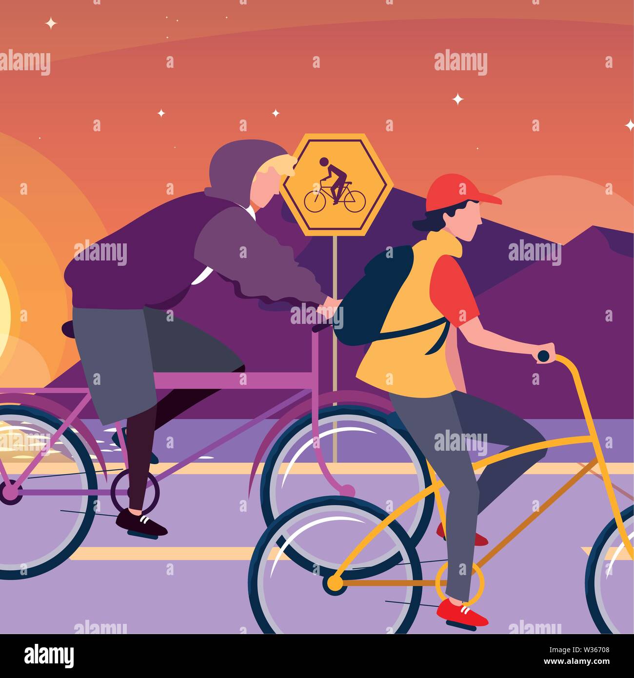men riding bicycle activity beach road vector illustration Stock Vector ...