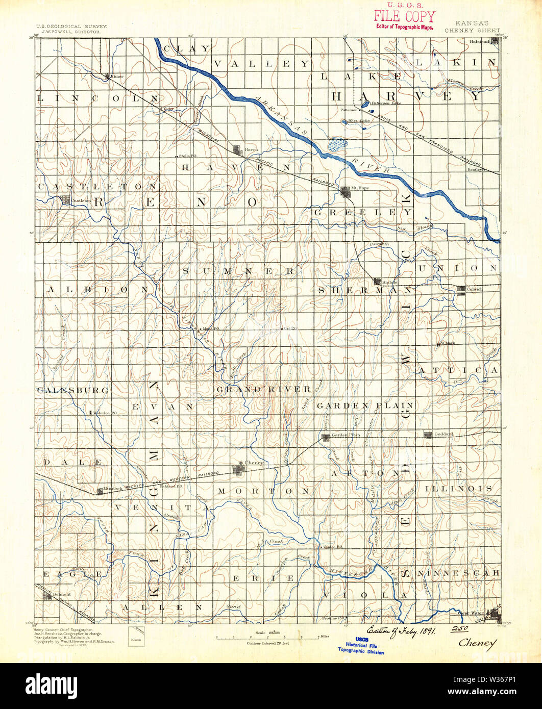 USGS TOPO Map Kansas KS Cheney 802100 1891 125000 Restoration Stock ...