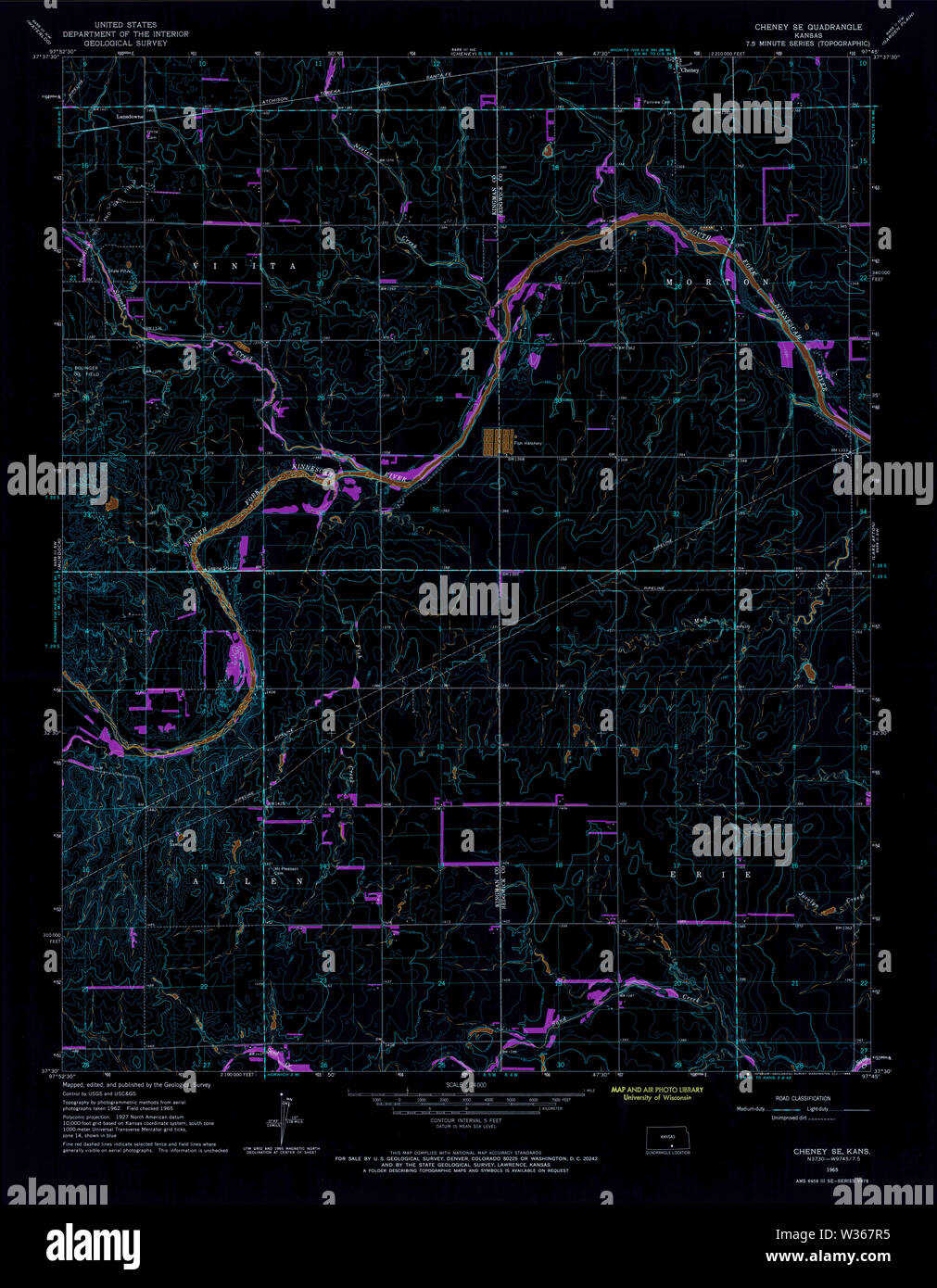 USGS TOPO Map Kansas KS Cheney SE 511060 1965 24000 Inverted ...