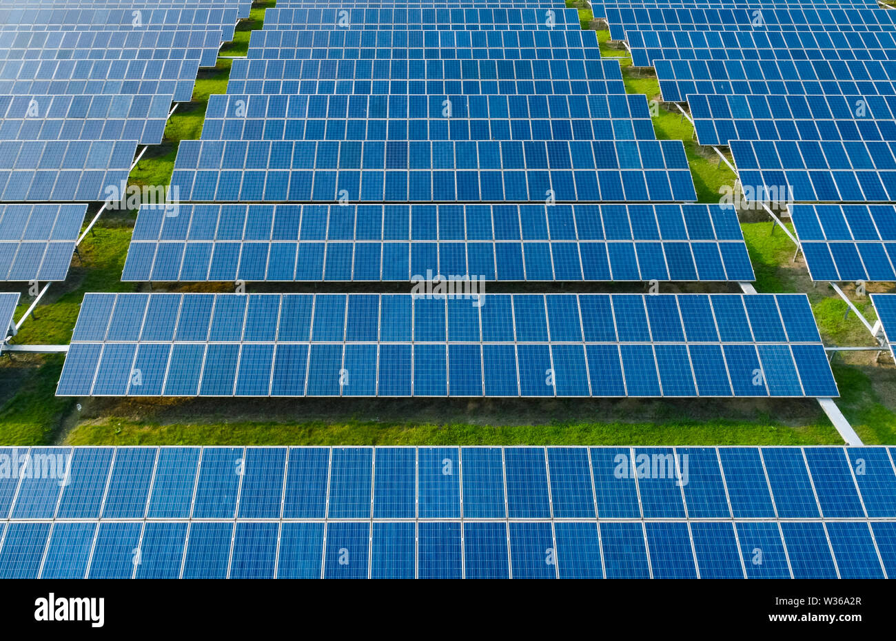 Aerial view of Solar Panels Farm with sunlight. Drone flight over solar ...