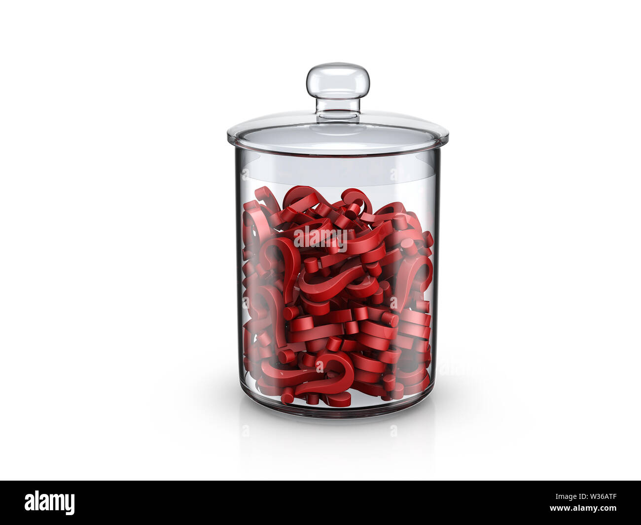 Glass jar with question symbols copy on a white background. 3d ...