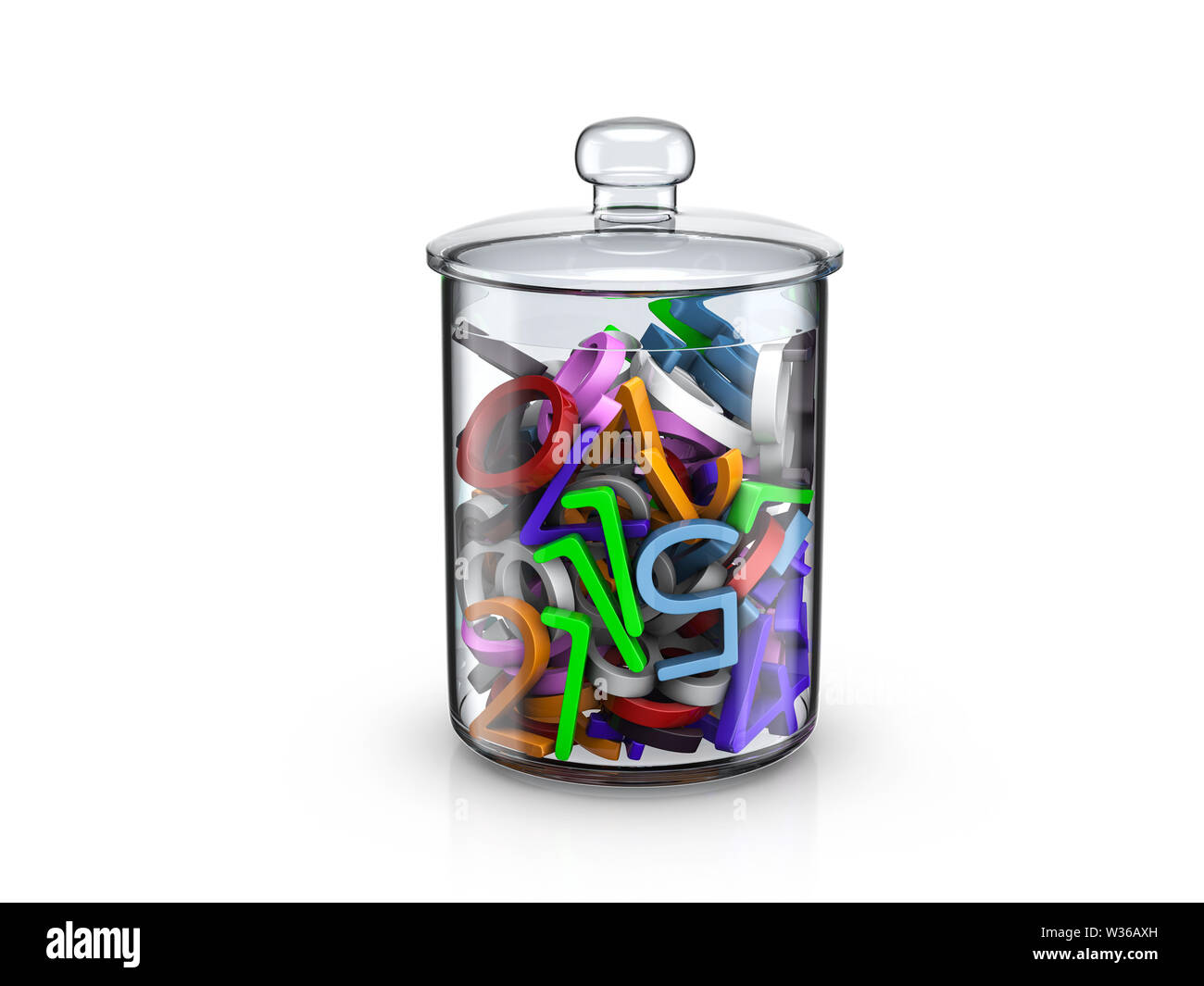 Glass jar with number symbols copy on a white background. 3d ...