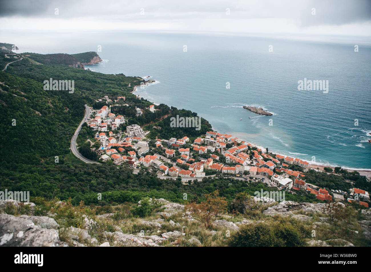 Beautiful bird's-eye view of the sea, island and coastal city in ...