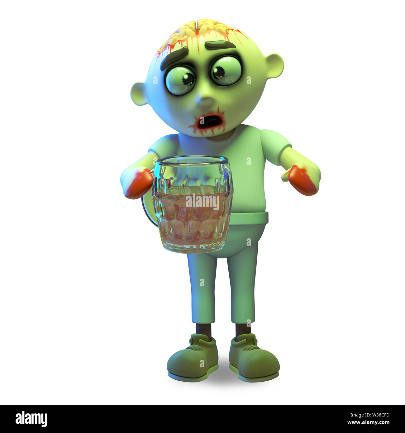 Cartoon undead zombie monster drinking a cold pint of beer, 3d ...