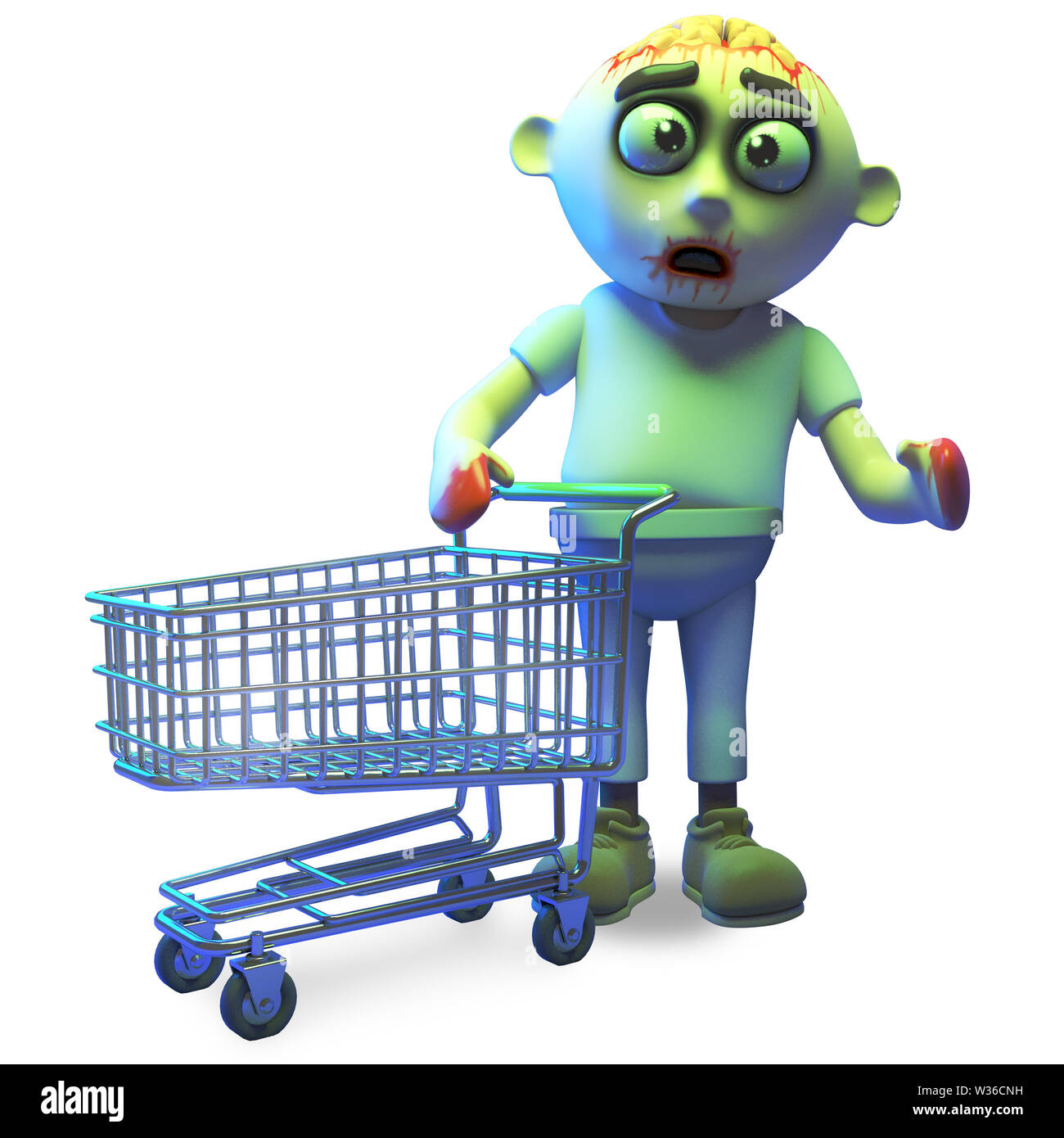 Funny cartoon zombie monster goes shopping with his trolley, 3d ...