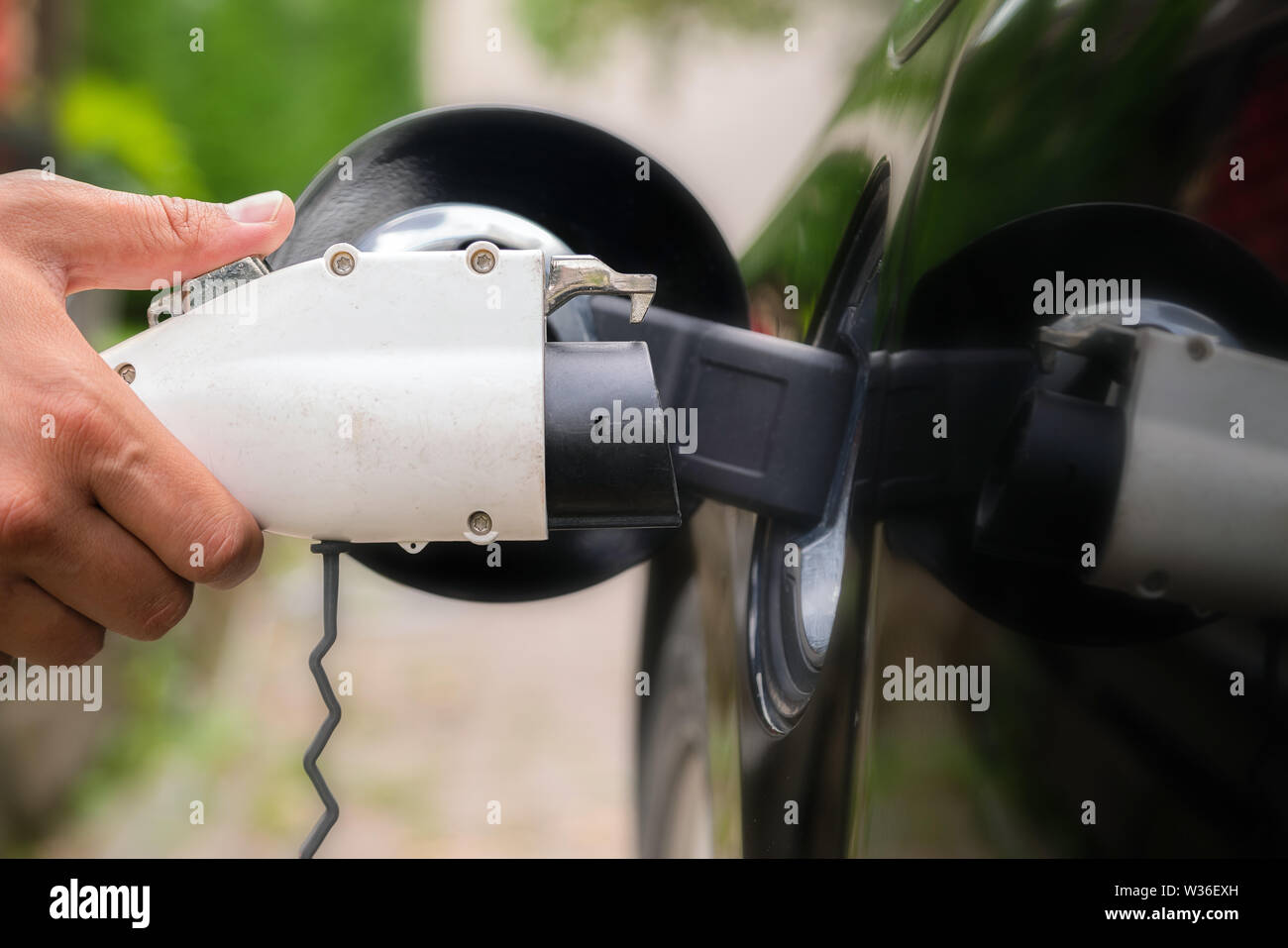 Mans hand inserting charger plug into electric car in green environment ...