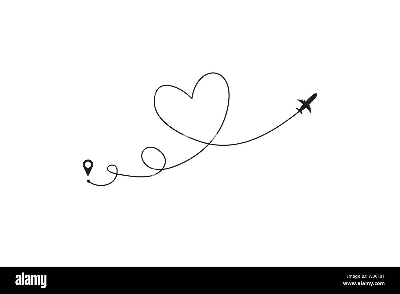 Plane and its track in the shape of a heart on white background. Vector ...