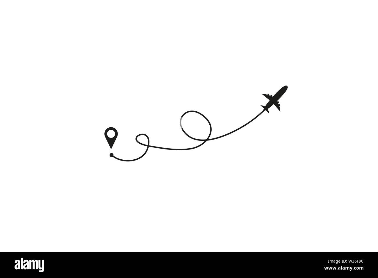 Flight route. Plane icon. Airplane icon with route from launch point to ...