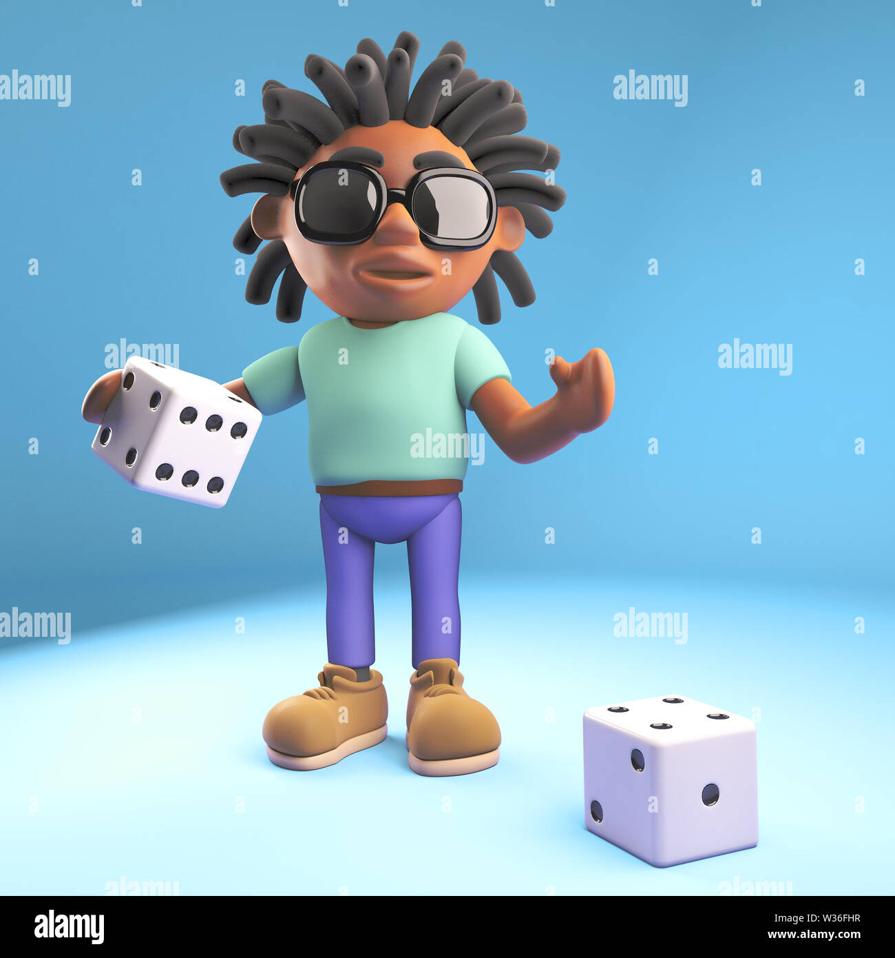 Cool black man with dreadlocks prepares to throw the dice, 3d ...