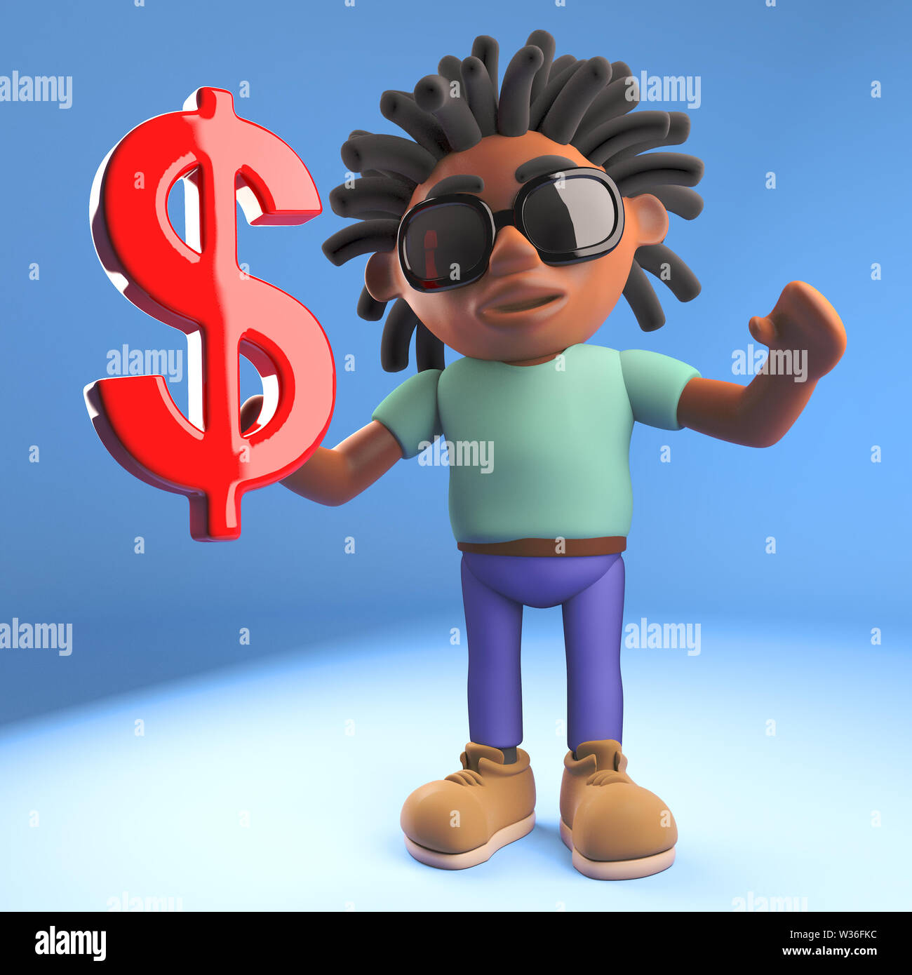 Cartoon black man with dreadlocks holding a red US dollar currency ...