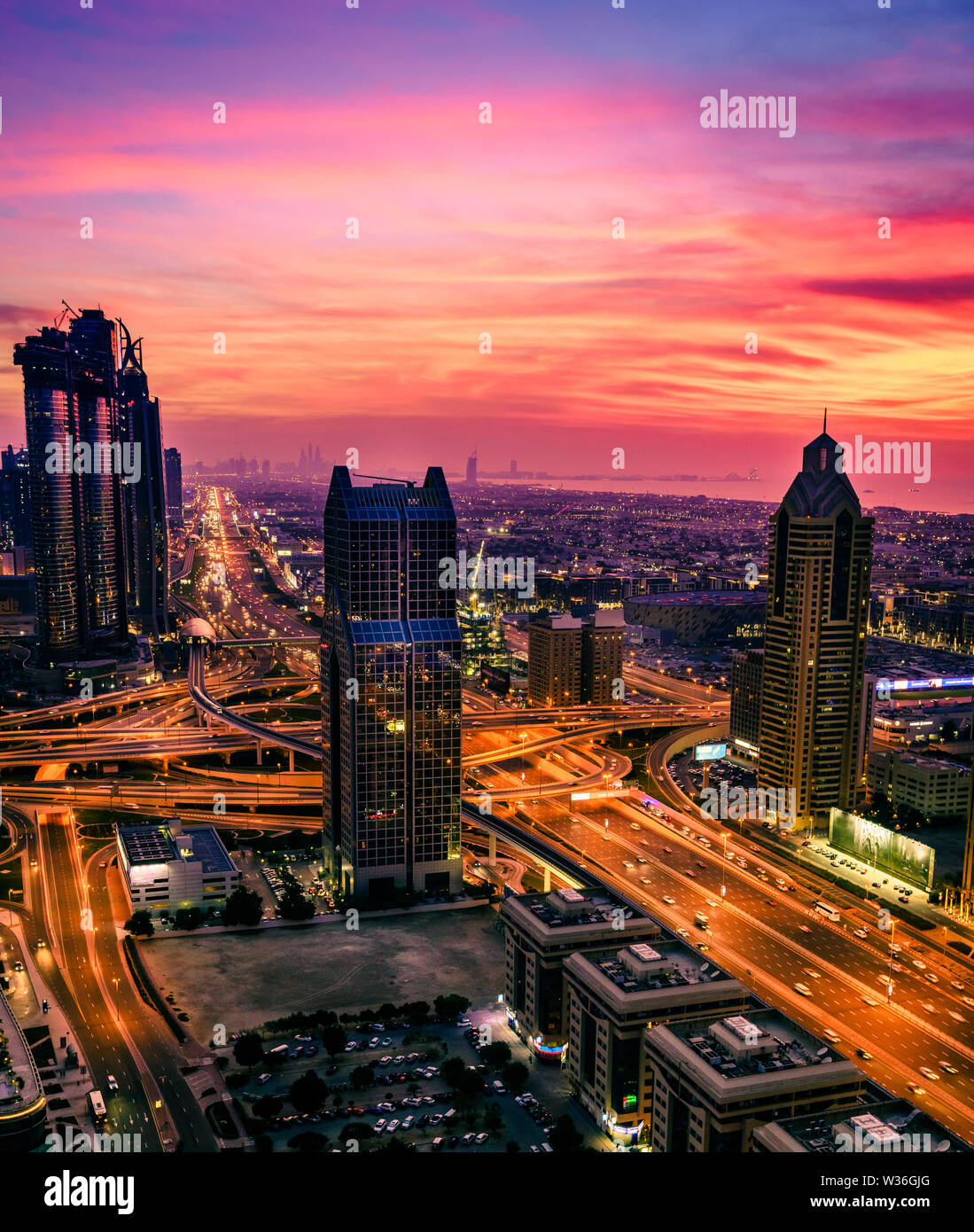 Bird's eye view of Dubai downtown buildings and Sheikh Zayed Road after ...