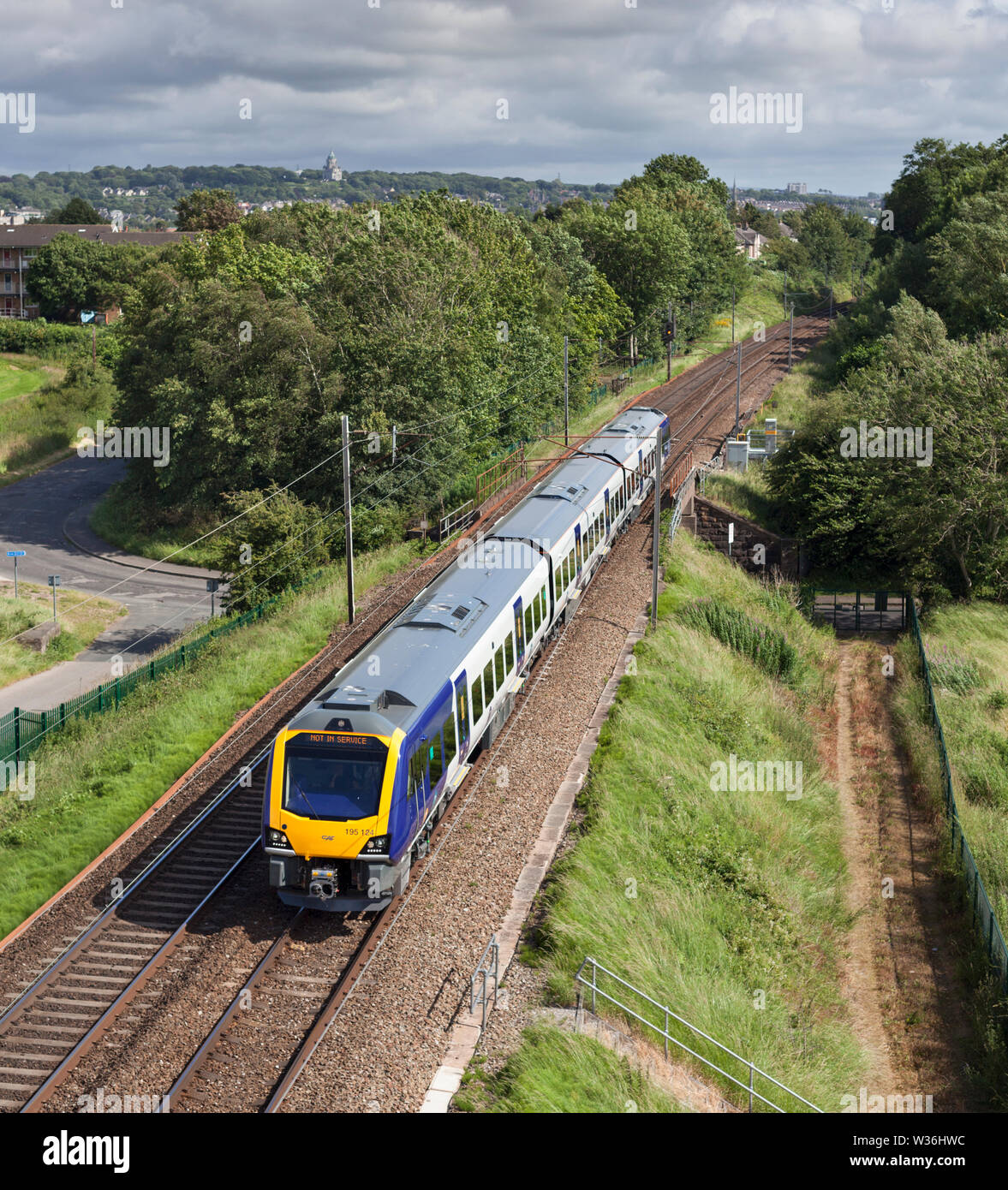 Arriva Northern rail CAF class 195 train passing Morecambe south ...