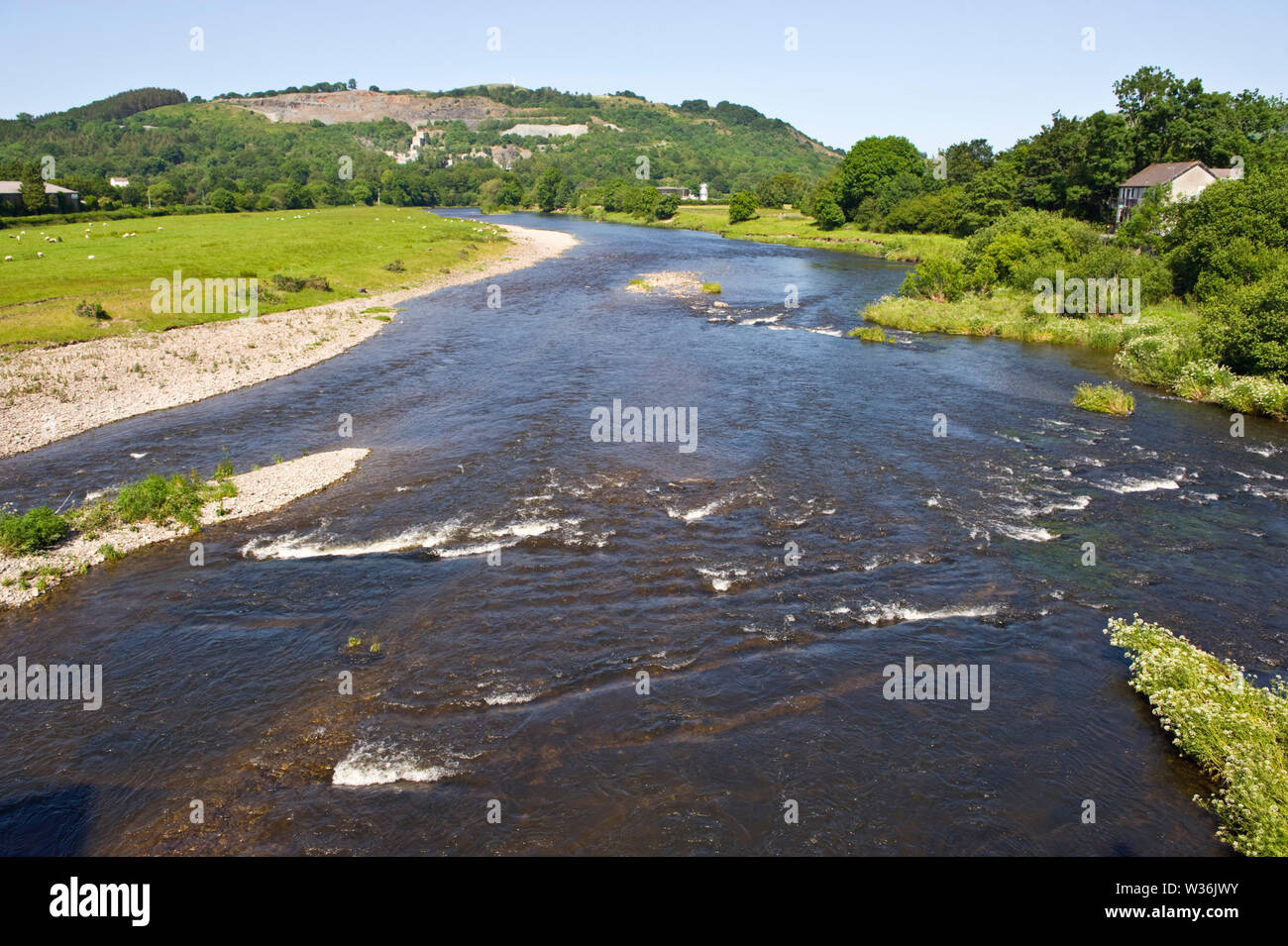 River Wye looking downstream from the bridge at Builth Wells Powys ...
