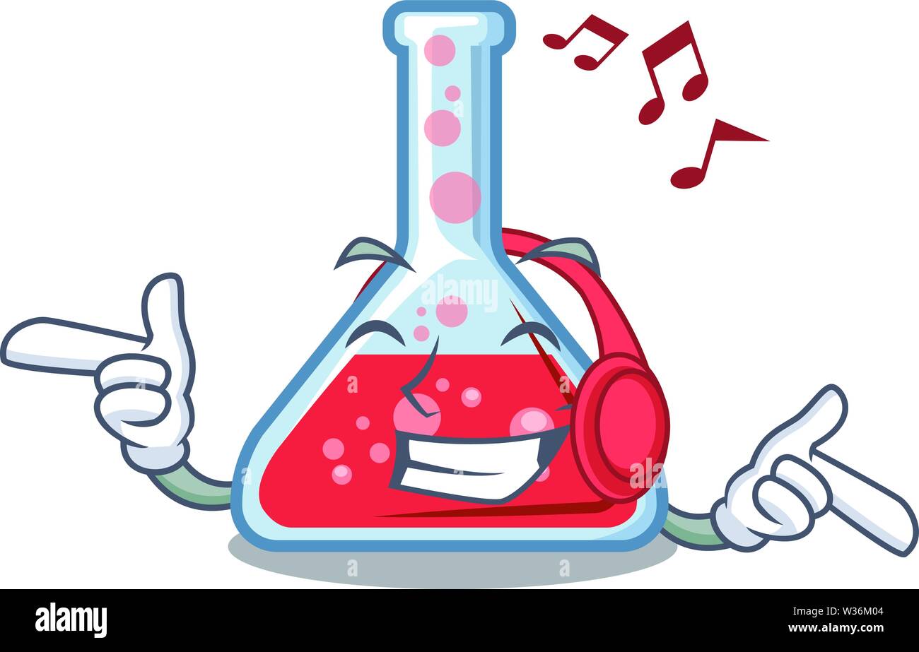 Listening music erlenmeyer flask above wooden cartoon table Stock ...