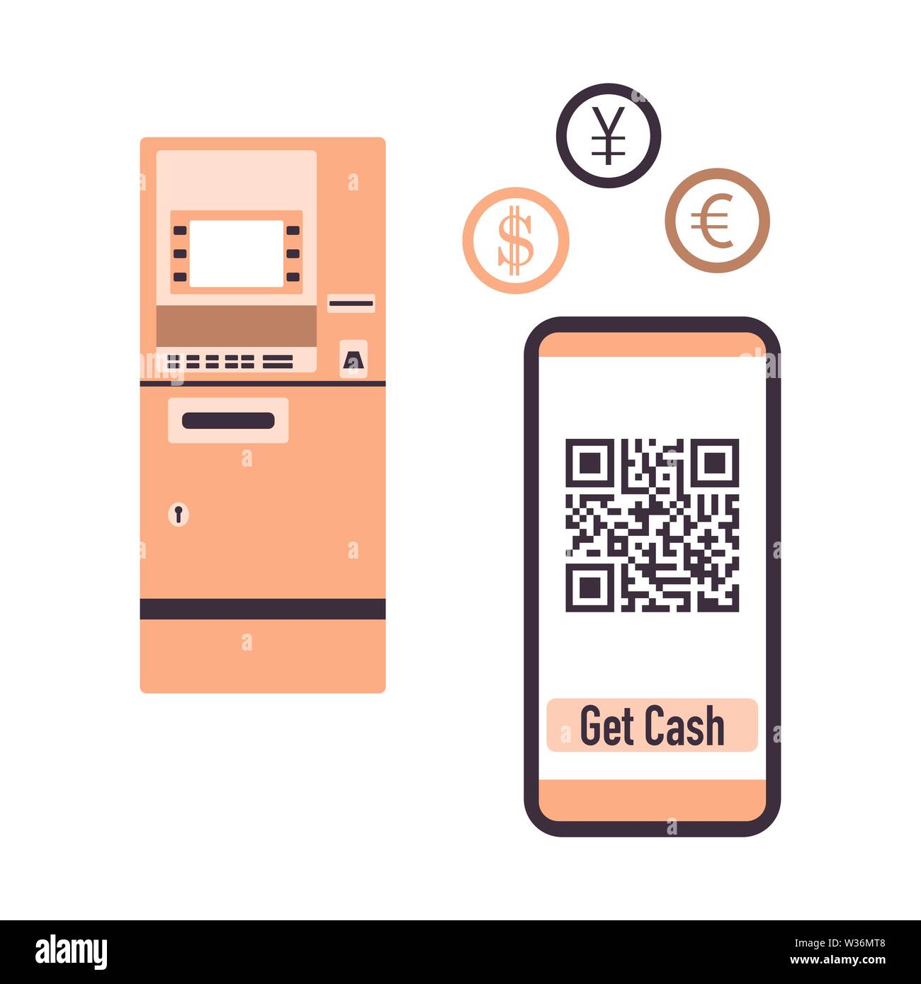 Vector illustration with phone with qr code, ATM cash withdrawal ...