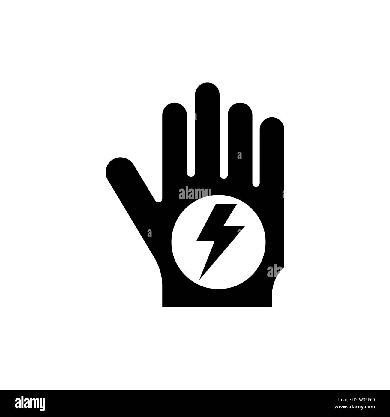 Stop Hand. High Voltage. Flat Vector Icon. Simple black symbol on white ...