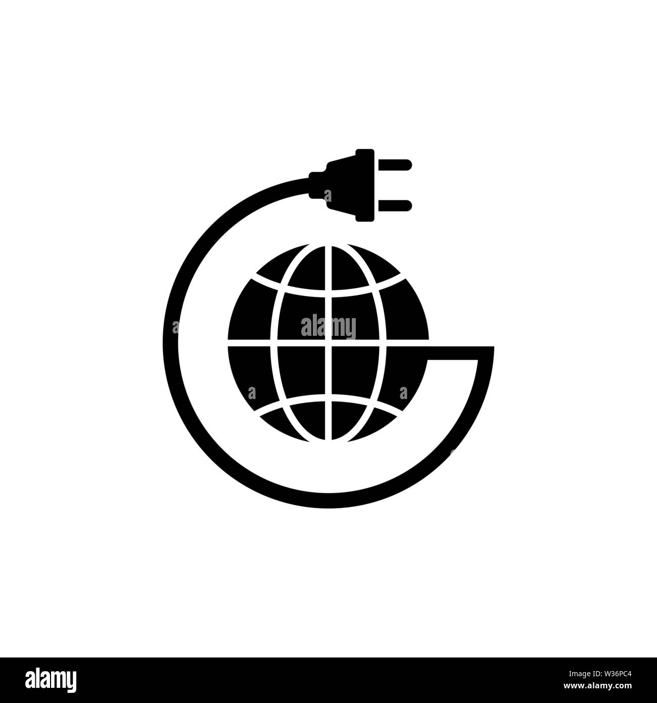 Earth Globe with Power Cable. Flat Vector Icon. Simple black symbol on ...