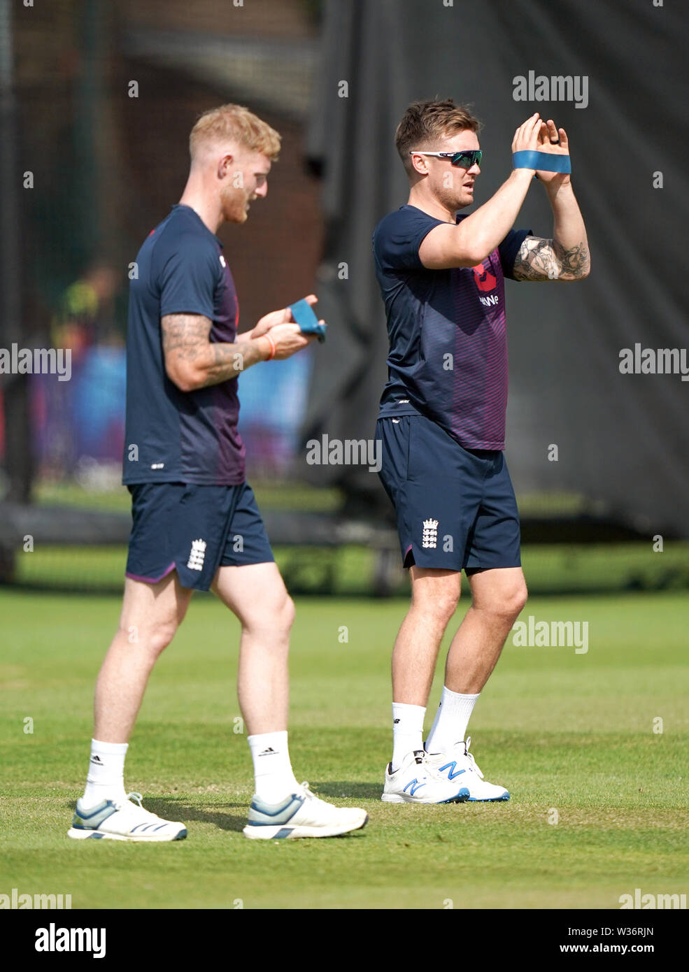 England's Ben Stokes (left) and Jason Roy during the nets session at ...