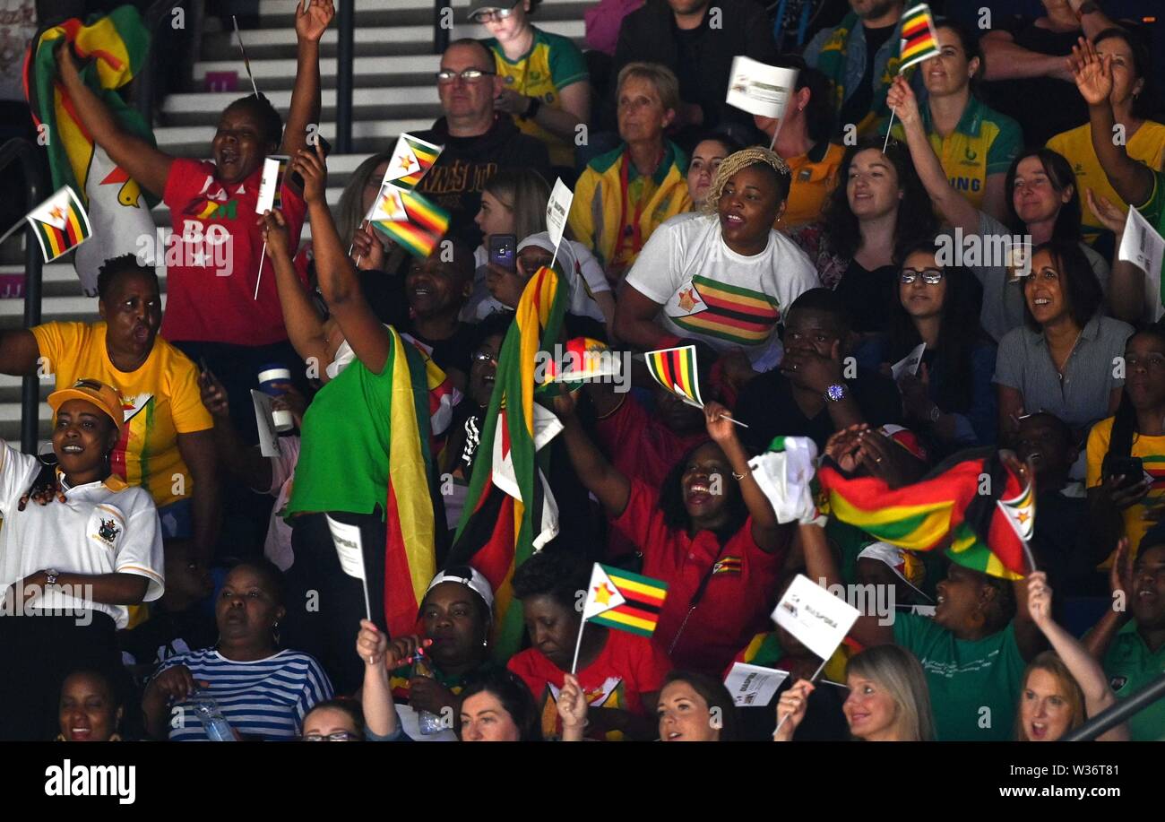 Liverpool, UK. 13th July, 2019. The Zimbabwe fans sing and cheer during ...