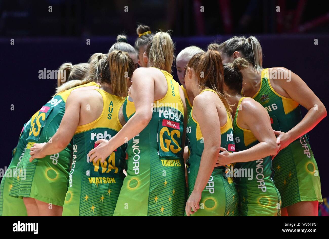 Liverpool, UK. 13th July, 2019. The Australian team huddle during the ...