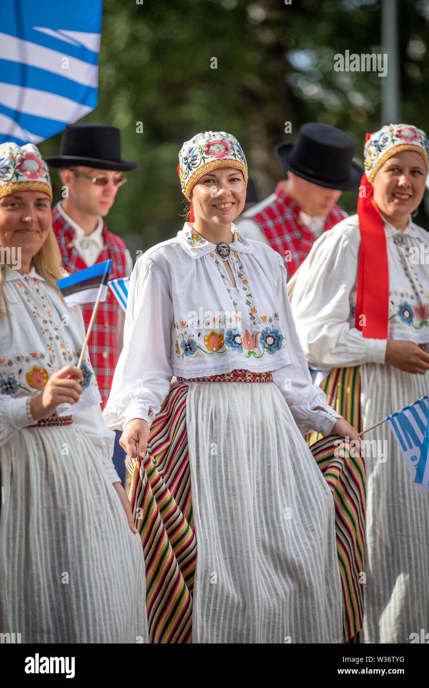Tallinn, Estonia, 6th July, 2019: people in traditional estonian ...