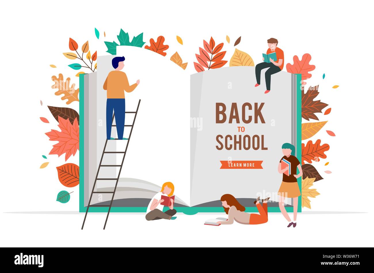 Back to school scene with big book and miniature people, children ...