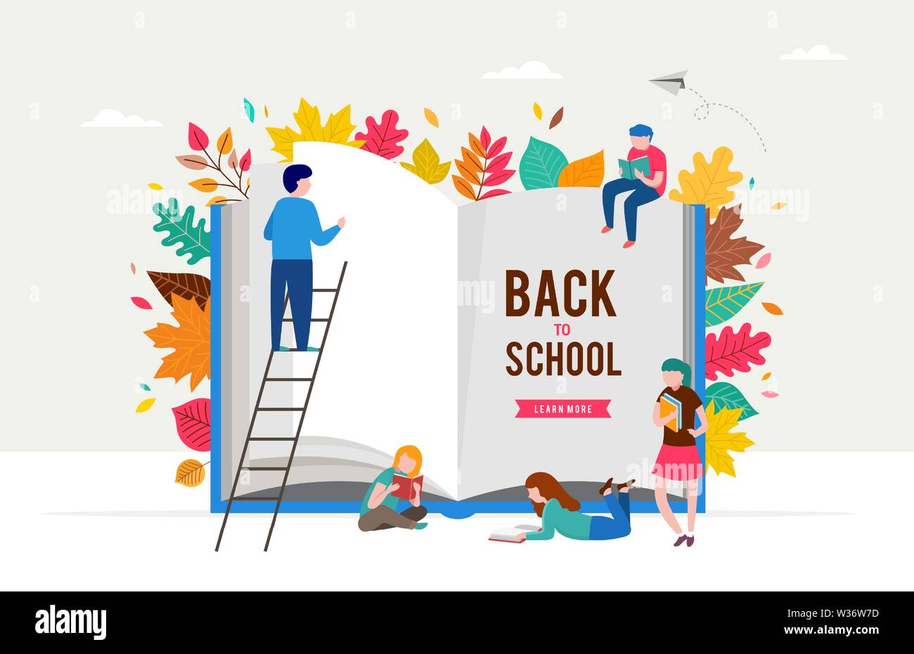 Back to school scene with big book and miniature people, children ...