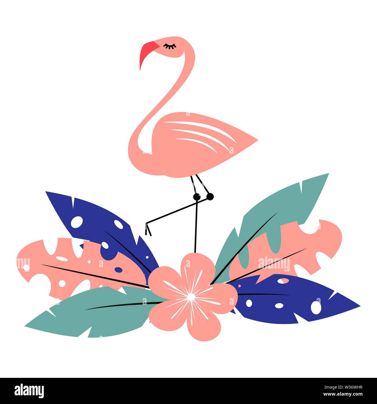 cute pink flamingo with exotic tropical leaves and flower vector ...