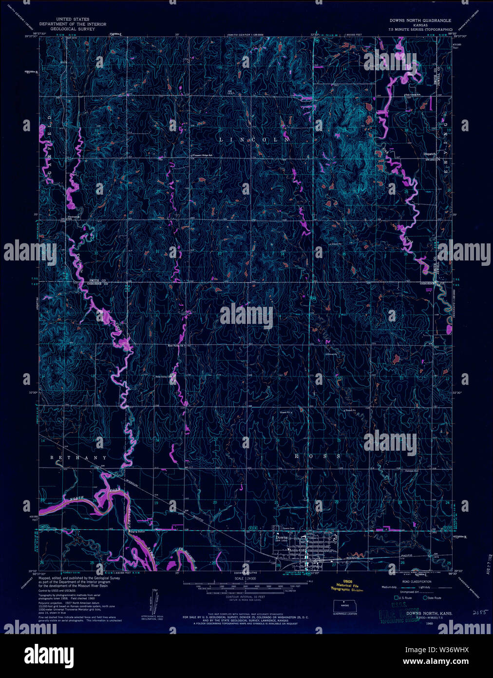 USGS TOPO Map Kansas KS Downs North 801730 1960 24000 Inverted ...