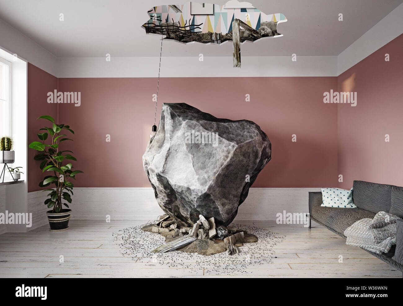meteor falling into the living room. 3d rendering concept Stock Photo ...