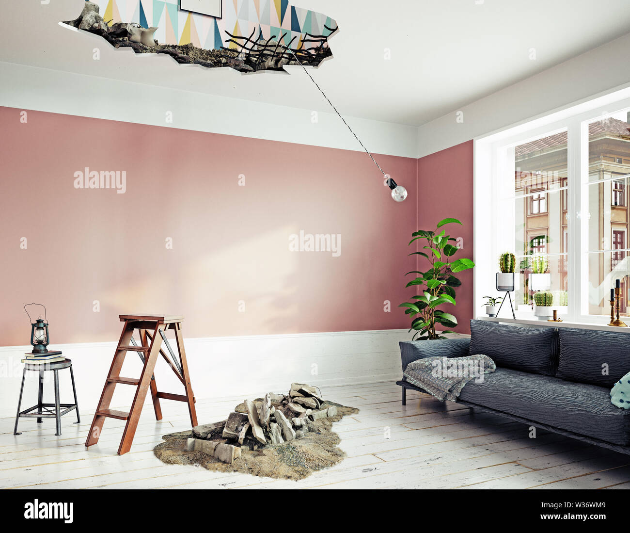 broken ceiling in the room. 3d rendering concept Stock Photo - Alamy