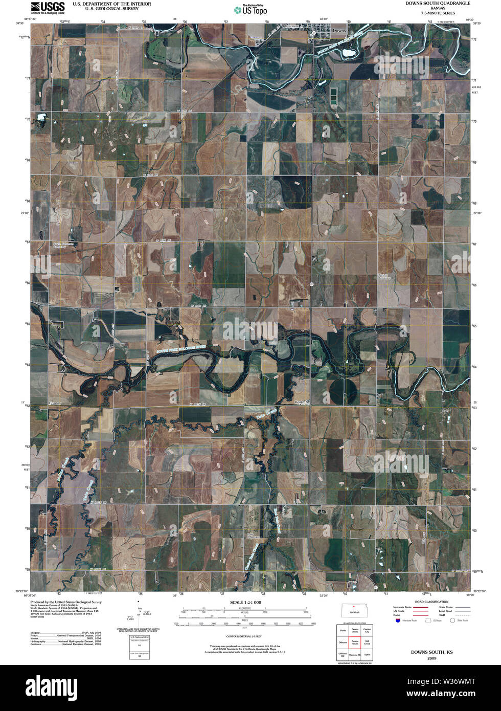 USGS TOPO Map Kansas KS Downs South 20091216 TM Restoration Stock Photo ...