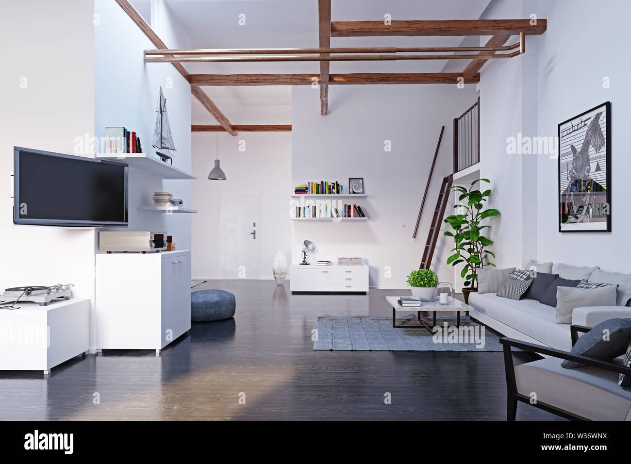modern attic interior design. 3d rendering concept Stock Photo - Alamy