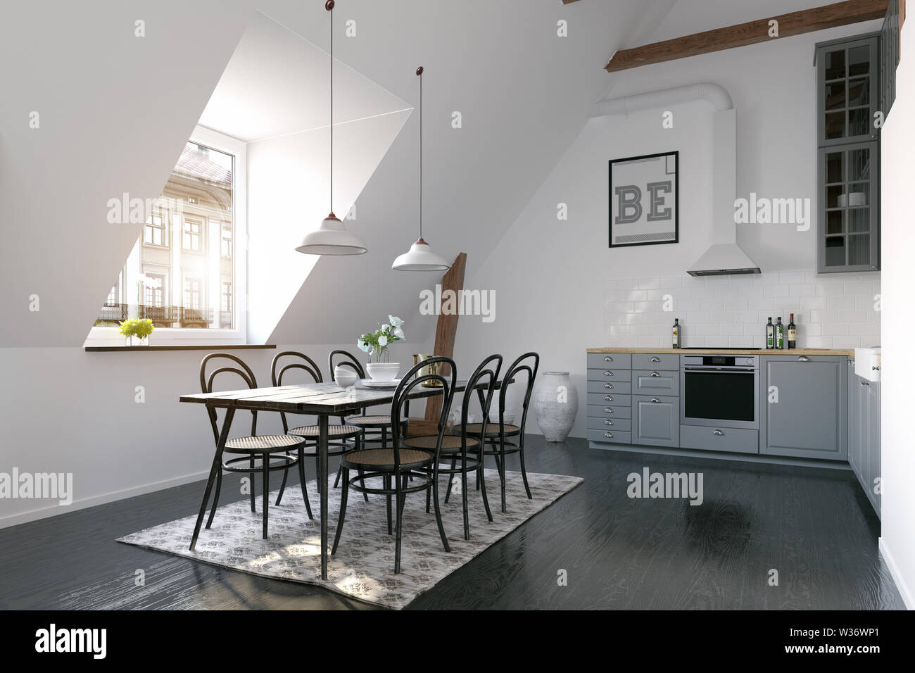 modern loft kitchen interior design. 3d rendering concept Stock Photo ...