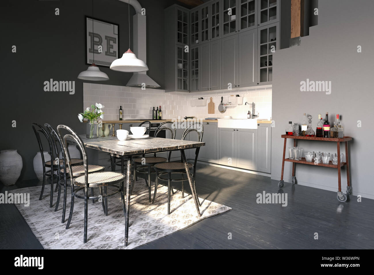 modern loft kitchen interior design. 3d rendering concept Stock Photo ...