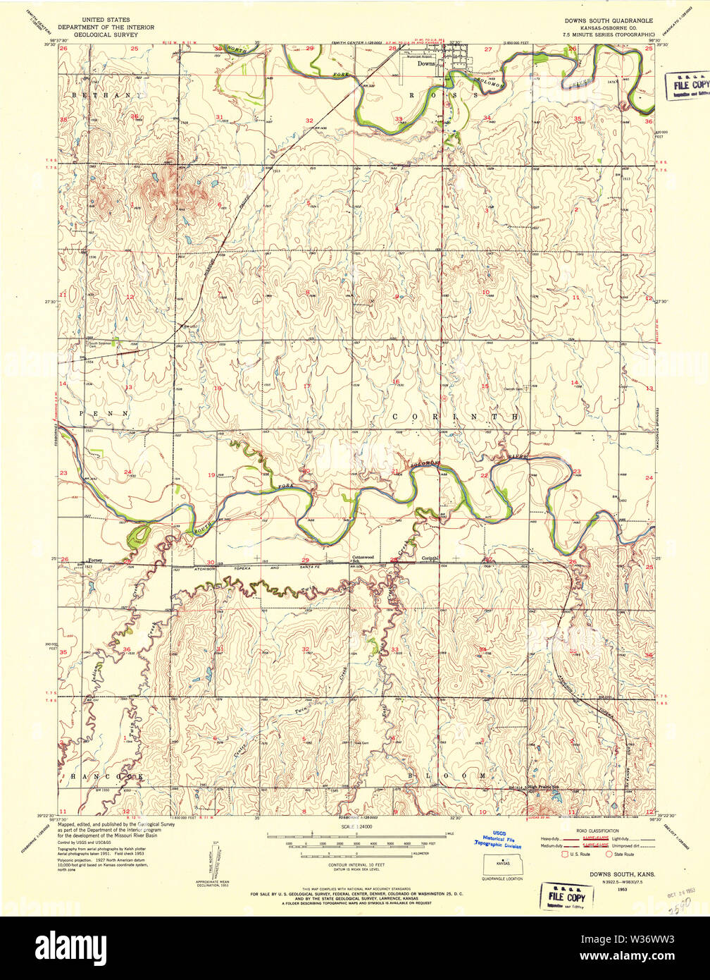 USGS TOPO Map Kansas KS Downs South 801732 1953 24000 Restoration Stock ...