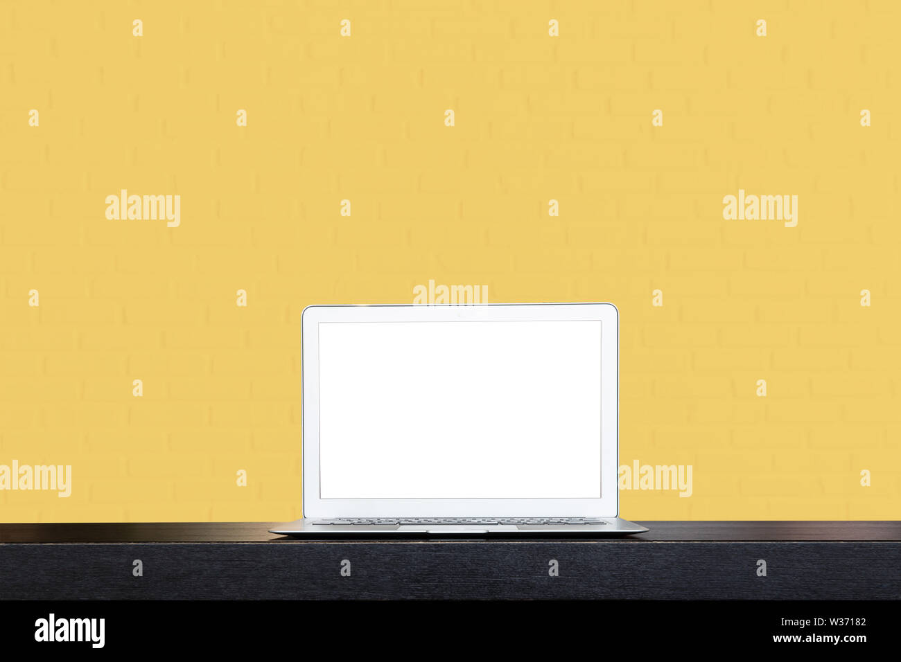 Isolated mockup image of laptop with black wood and computer with white ...