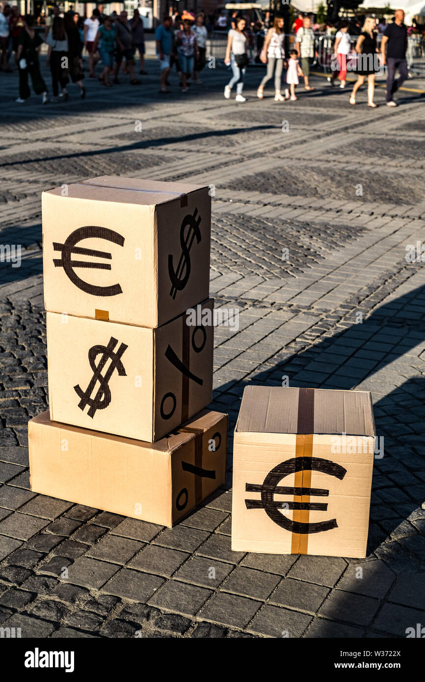cartoon boxes with euro and dollar signs in Sibiu center, Romania Stock ...