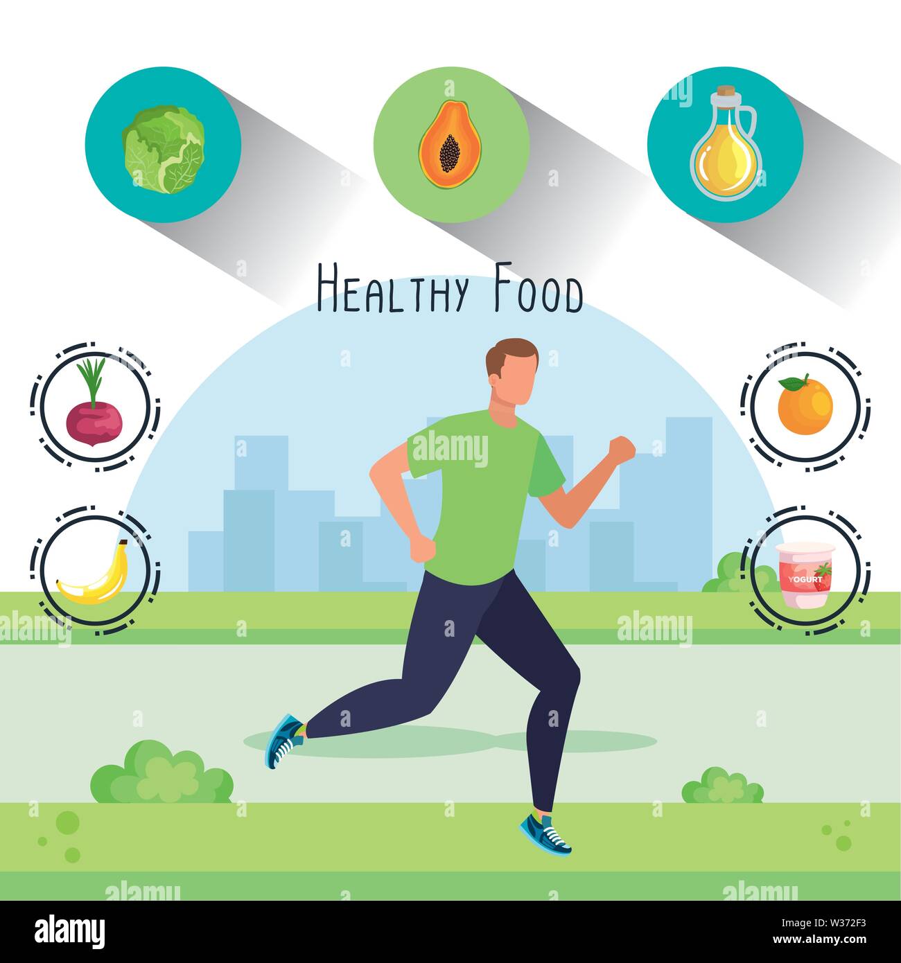 man running sport with vegetables and fruits with yogurt Stock Vector ...