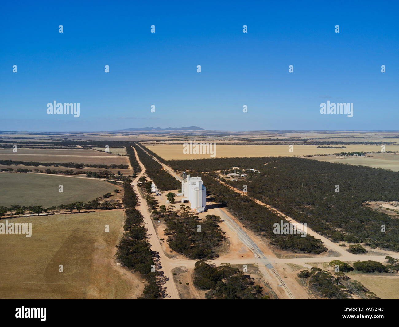 Aerial of grain silos on railway line at Waddikee Eyre Peninsula South ...