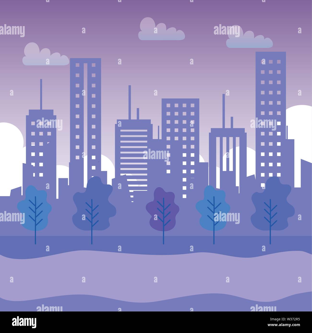 buildings structure with mountains and clouds with trees Stock Vector ...