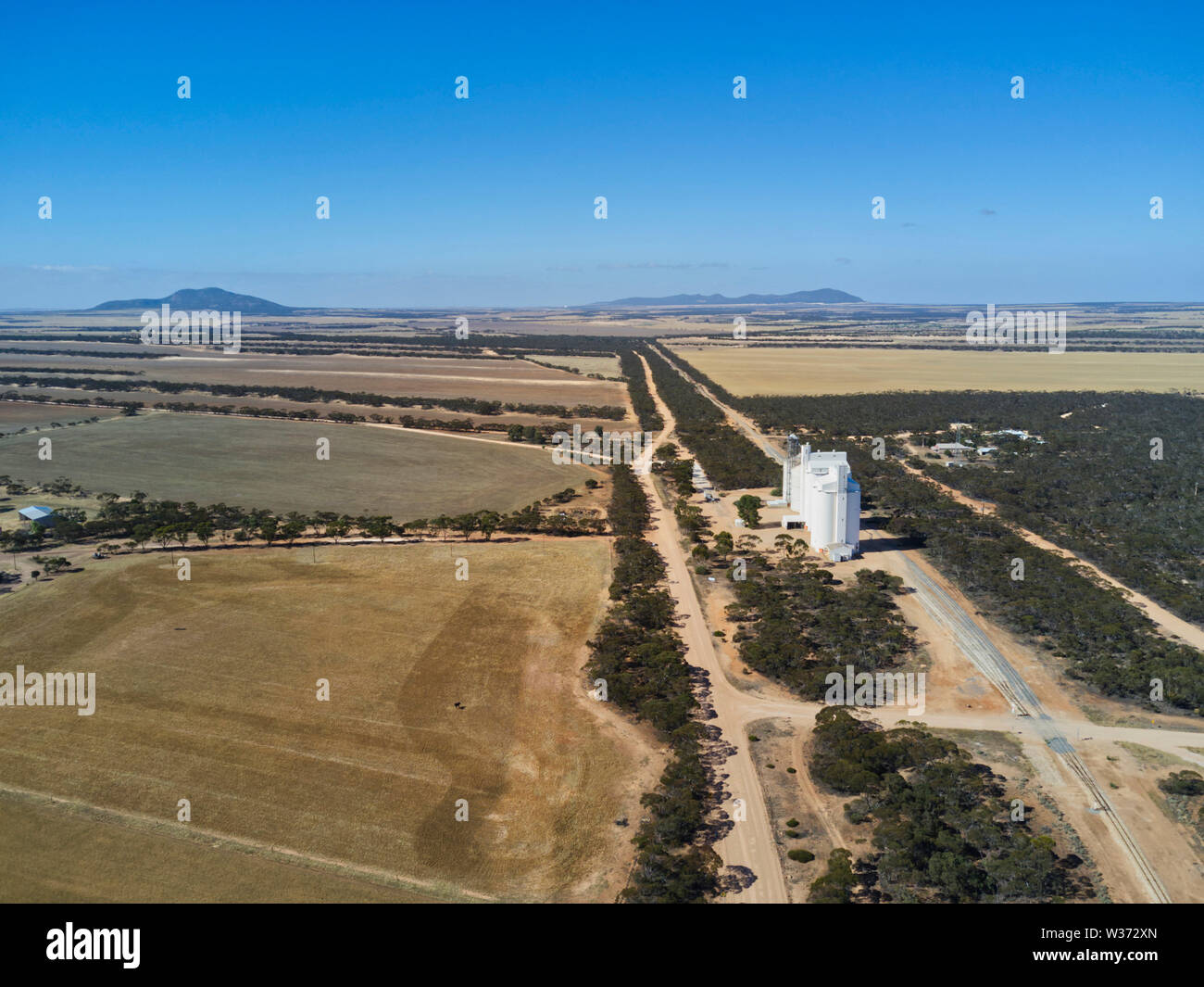 Aerial of grain silos on railway line at Waddikee Eyre Peninsula South ...