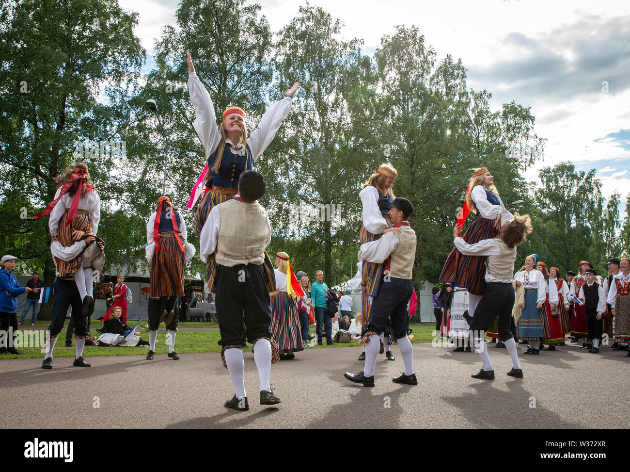 Tallinn, Estonia, 6th July, 2019: estonian folk dancers in traditional clothing at the song ...