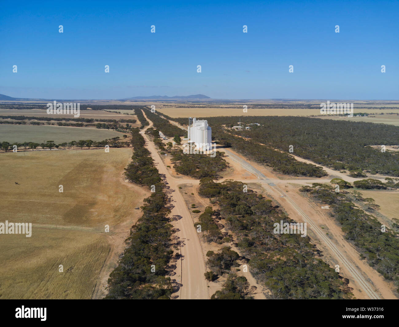 Aerial of grain silos on railway line at Waddikee Eyre Peninsula South ...